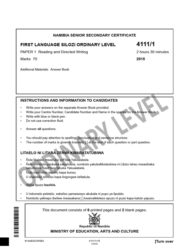 Ordinar Y Level: First Language Silozi Ordinary Level | PDF