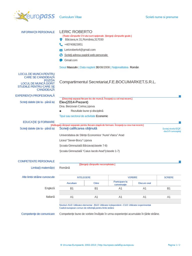 EP001 Curriculum Vitae Europass | PDF