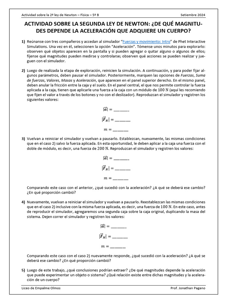 Segunda Ley de Newton Con Simulador | PDF