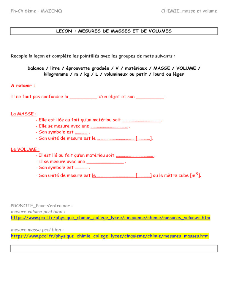6e Masse Et Volume A1 | PDF