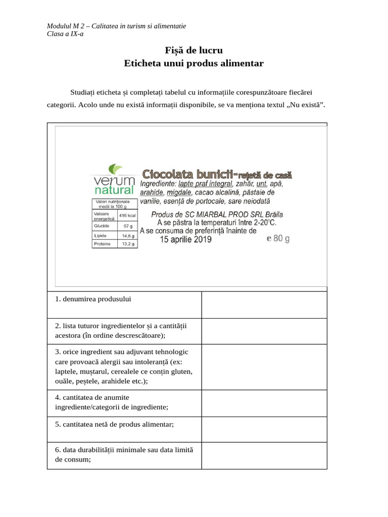 clasaIX - Calitatea Produselor Alimentare - Eticheta | PDF