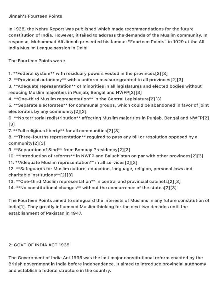 Jinnah's Fourteen Points | PDF