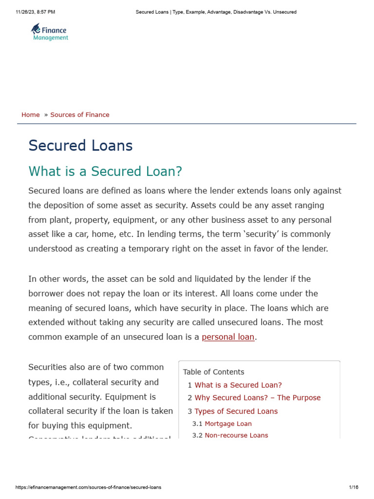 Secured Loans - Type, Example, Advantage, Disadvantage vs. Unsecured | PDF