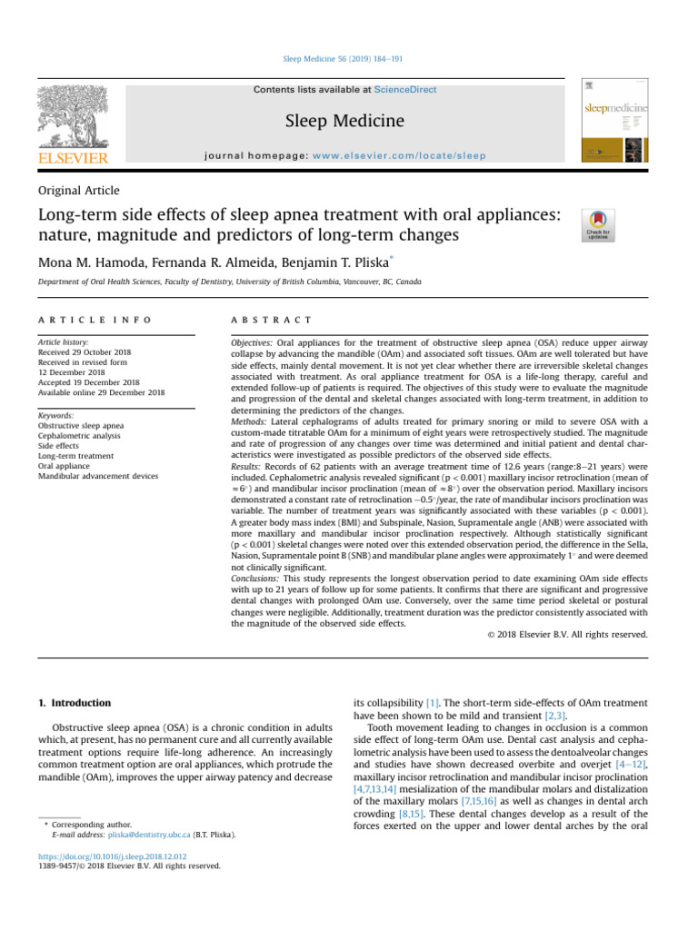 Long-Term Side Effects of Sleep Apnea Treatment With Oral Appliances | PDF