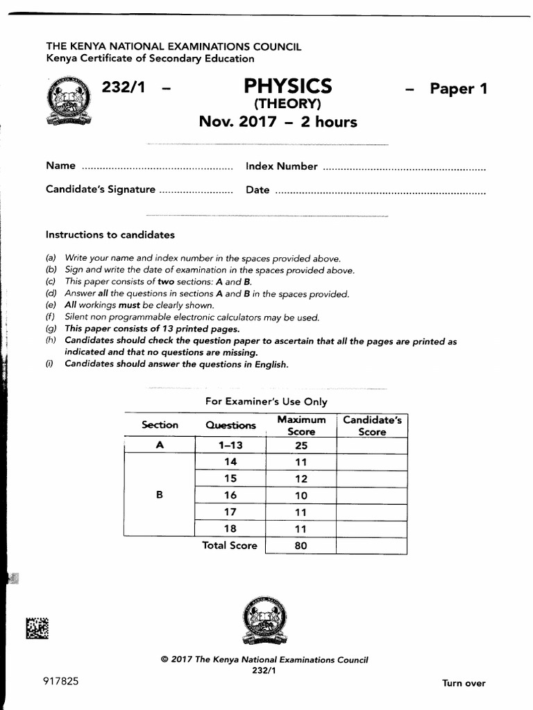 Physics Paper 1 KCSE 2017 | PDF