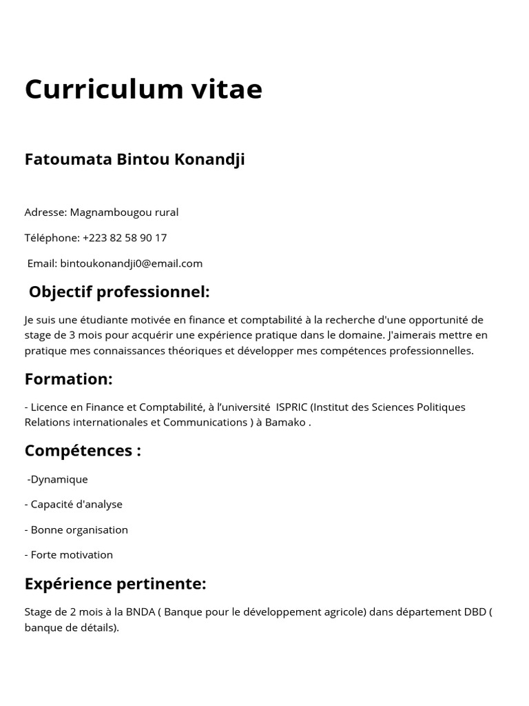 Salut Bintou! Voici Un Exemple de CV Pour Un Poste de Stagiaire en Finance Et Comptabilité PDF | PDF