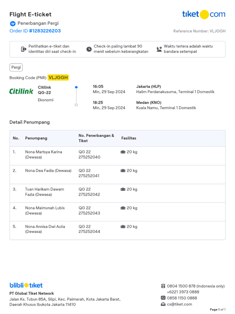 Tiket Pesawat 29 Sep HLP-KNO | PDF
