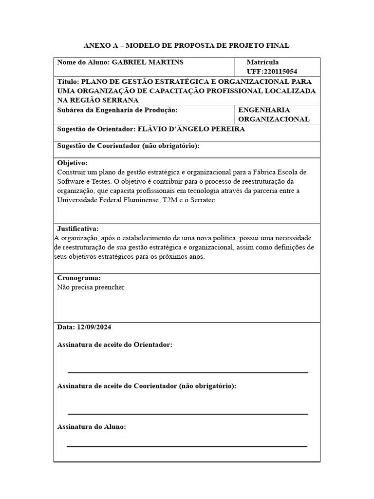 Formulário Da Proposta de PFC I | PDF