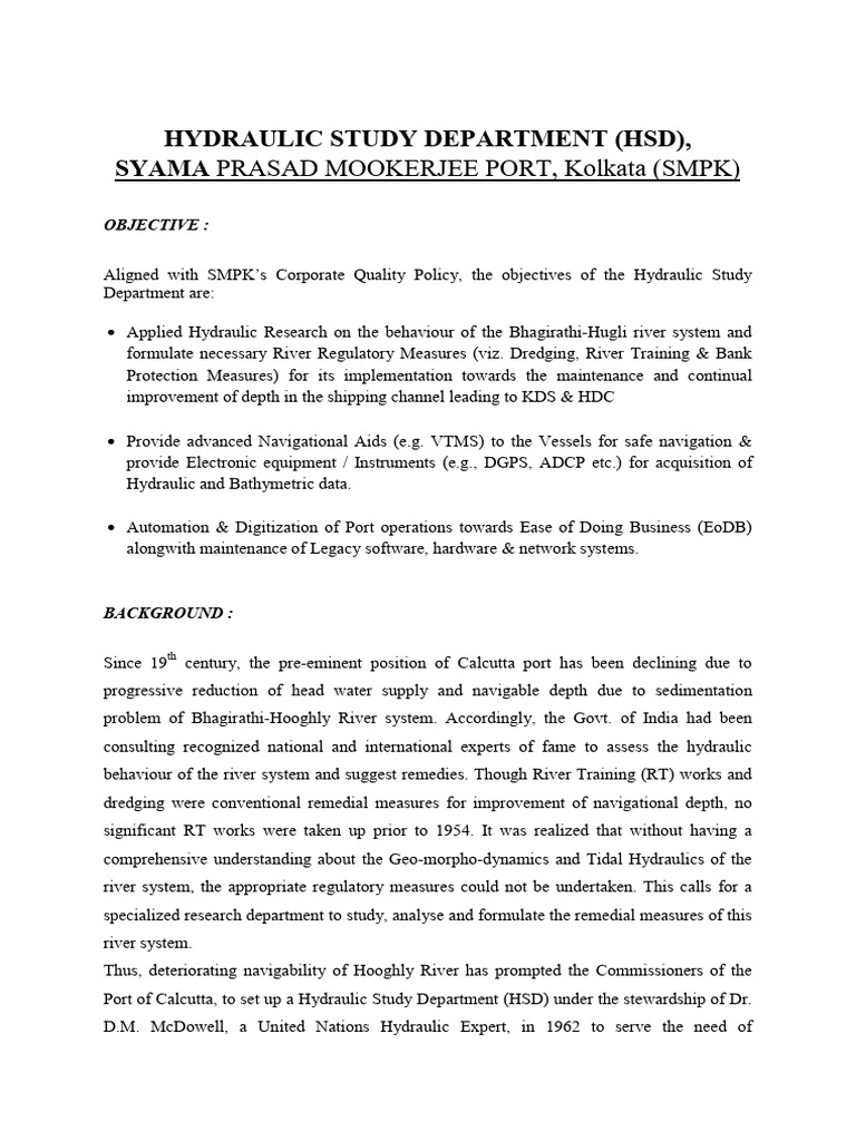 Hydraulic Study Department (HSD), Syama: Prasad Mookerjee Port, Kolkata ...
