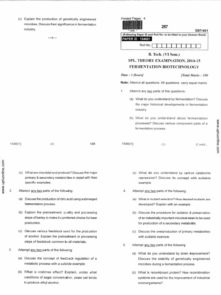 Btech BT 6 Sem Fermentation Biotechnology Ebt 601 2015 | PDF
