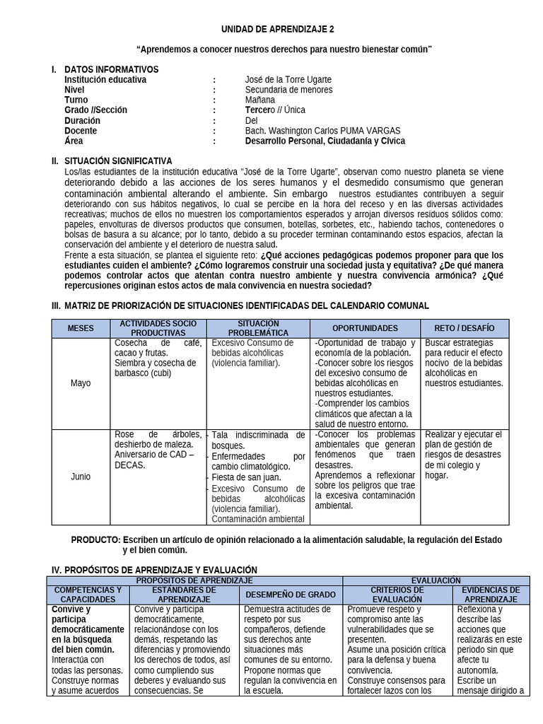 01 Unidad de Aprendizaje 2 DPCC - 3° 2024 | PDF