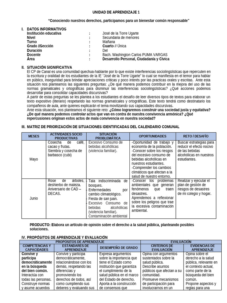 01 Unidad de Aprendizaje 2 DPCC - 4° 2024 | PDF