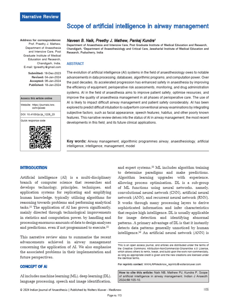 IJA Scope of Artificial Intelligence in Airway Management | PDF