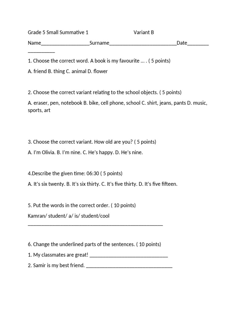 Grade 5 Small Summative 1 Variant B | PDF