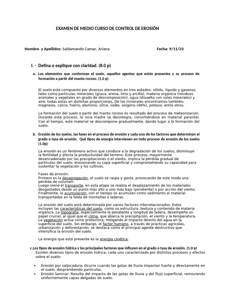 EXAMEN MEDIO CURSO CONTROL DE LA EROSIÓN Ultimo | PDF