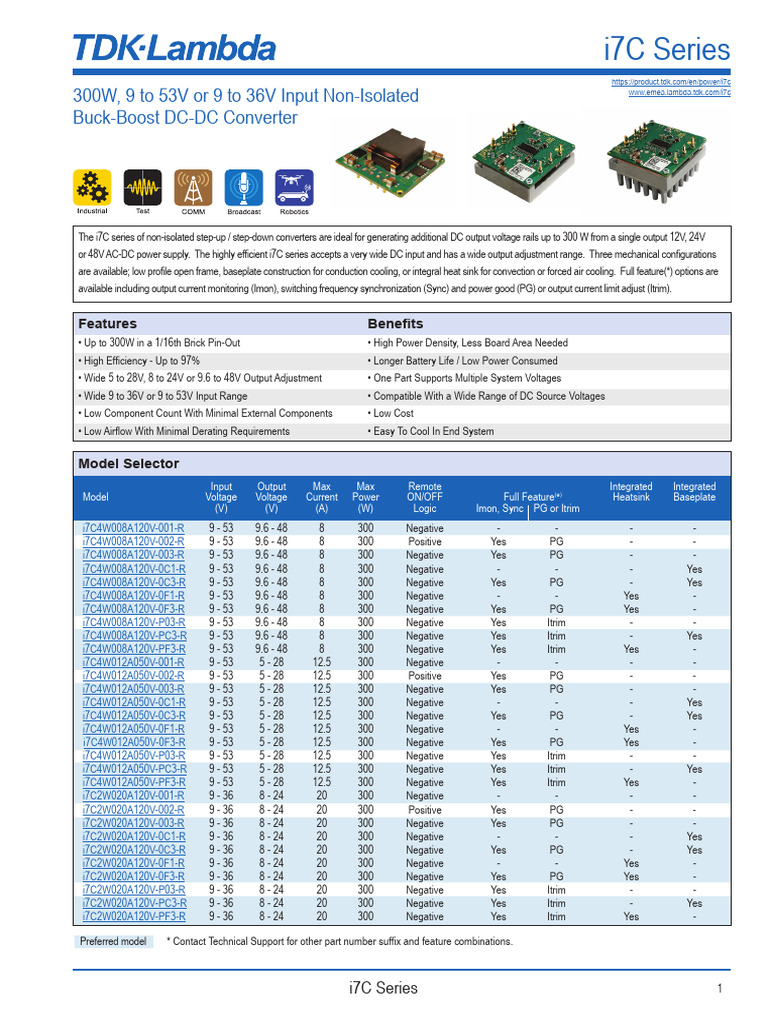I7c Series: 300W, 9 To 53V or 9 To 36V Input Non-Isolated Buck-Boost DC-DC Converter | PDF