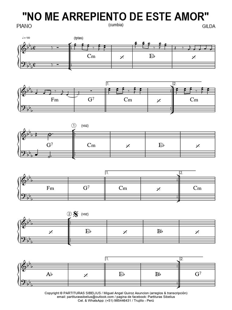 No Me Arrepiento de Este Amor - Piano | PDF