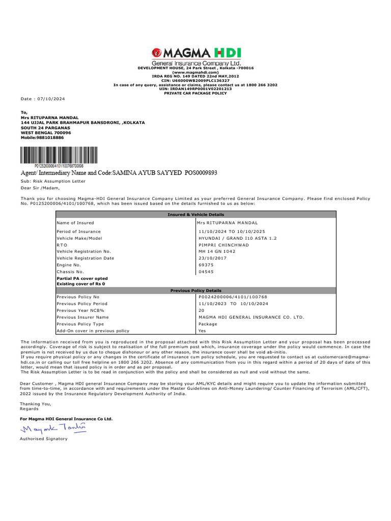 Agent/ Intermediary Name and Code:SAMINA AYUB SAYYED POS0009893 | PDF