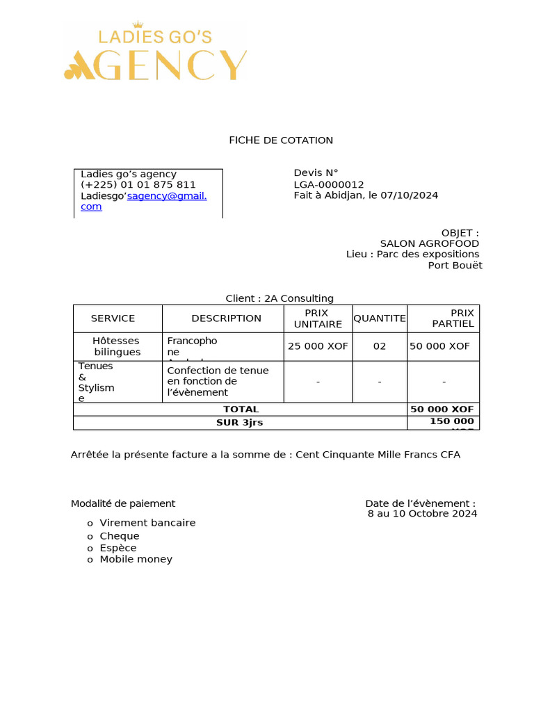 Fiche de Cotation Salon Agrofood | PDF
