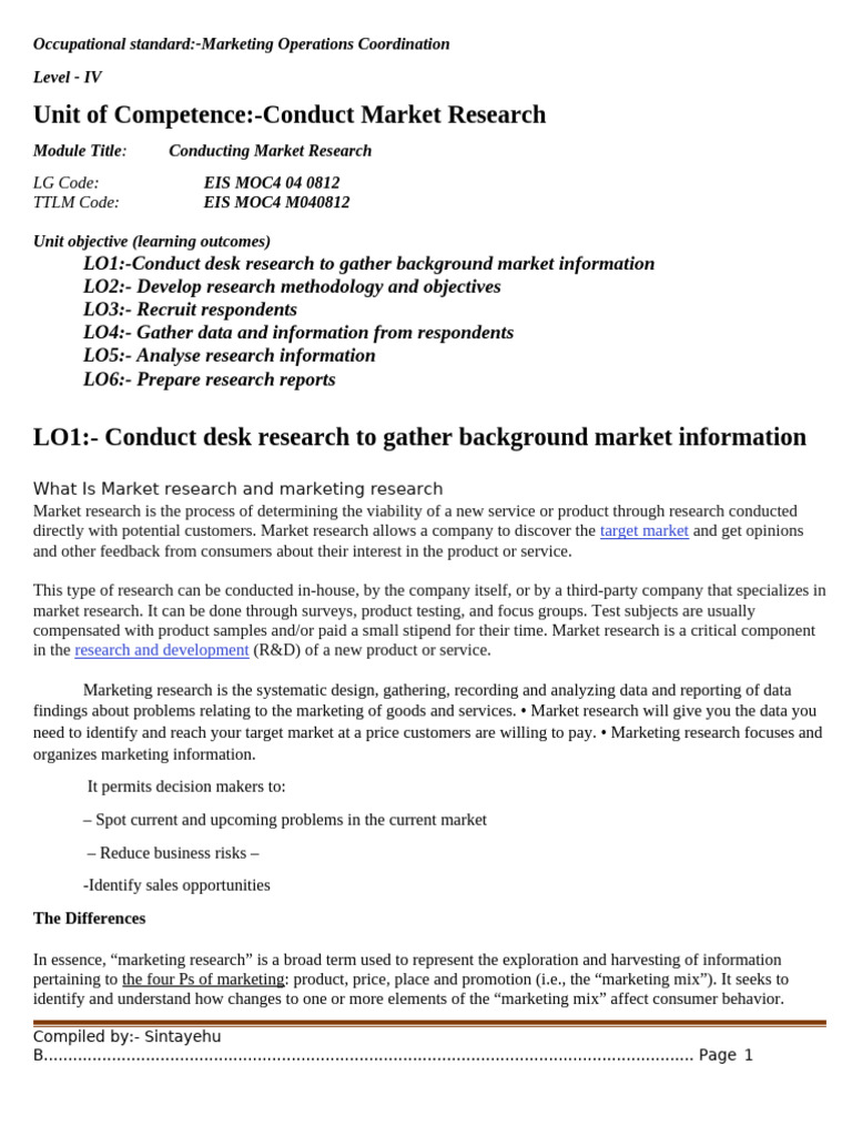 Unit of Competence:-Conduct Market Research:: LG Code: TTLM Code | PDF