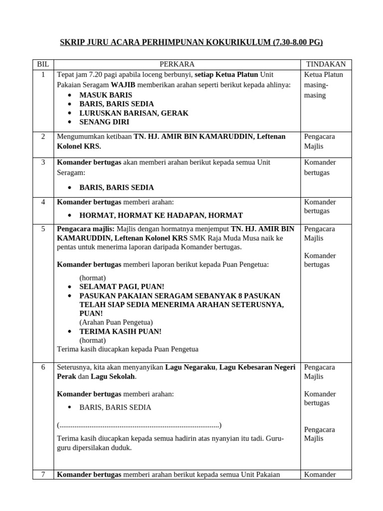 Skrip Juru Acara Perhimpunan Kokurikulum KPo 13 Jun | PDF