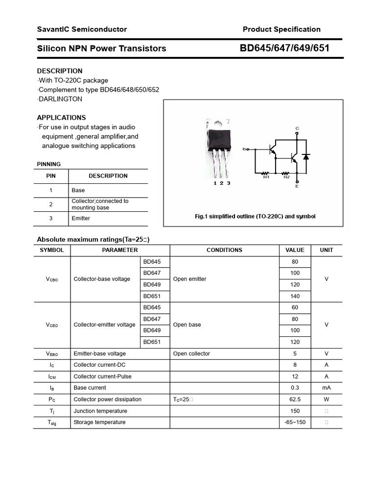 Silicon NPN Power Transistors: Savantic Semiconductor Product Specification | PDF