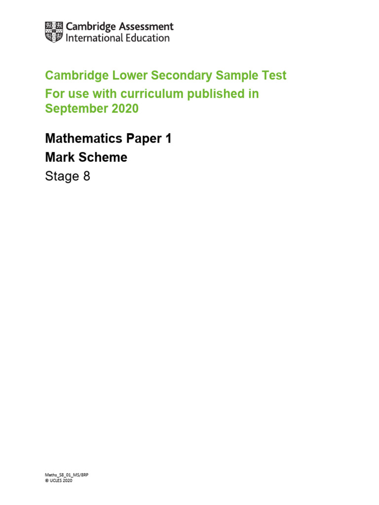 Cambridge Lower Secondary Progression Test Mathematics 2020 Stage | PDF