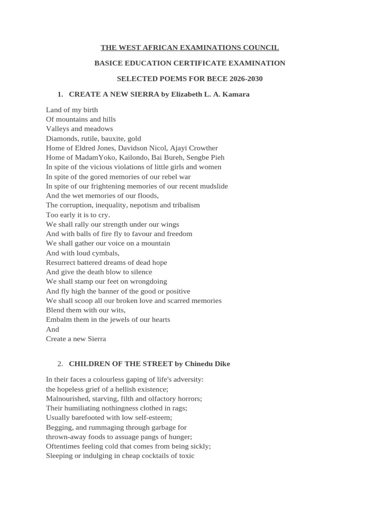 Bece Selected Poems For 2026-30 | PDF