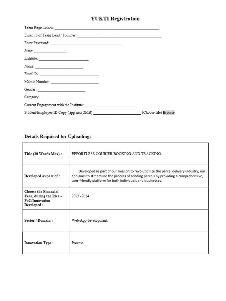 YUKTHI Application Form Innovation Prototype Form | PDF
