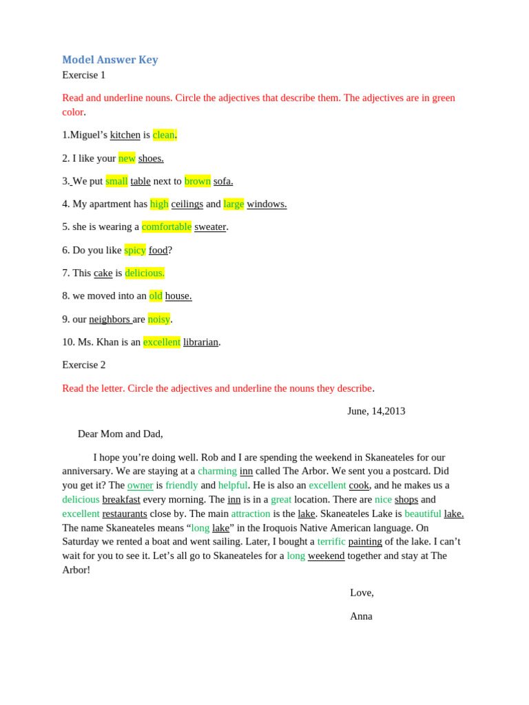 Writing Answer Key Part1 Unit2 | PDF