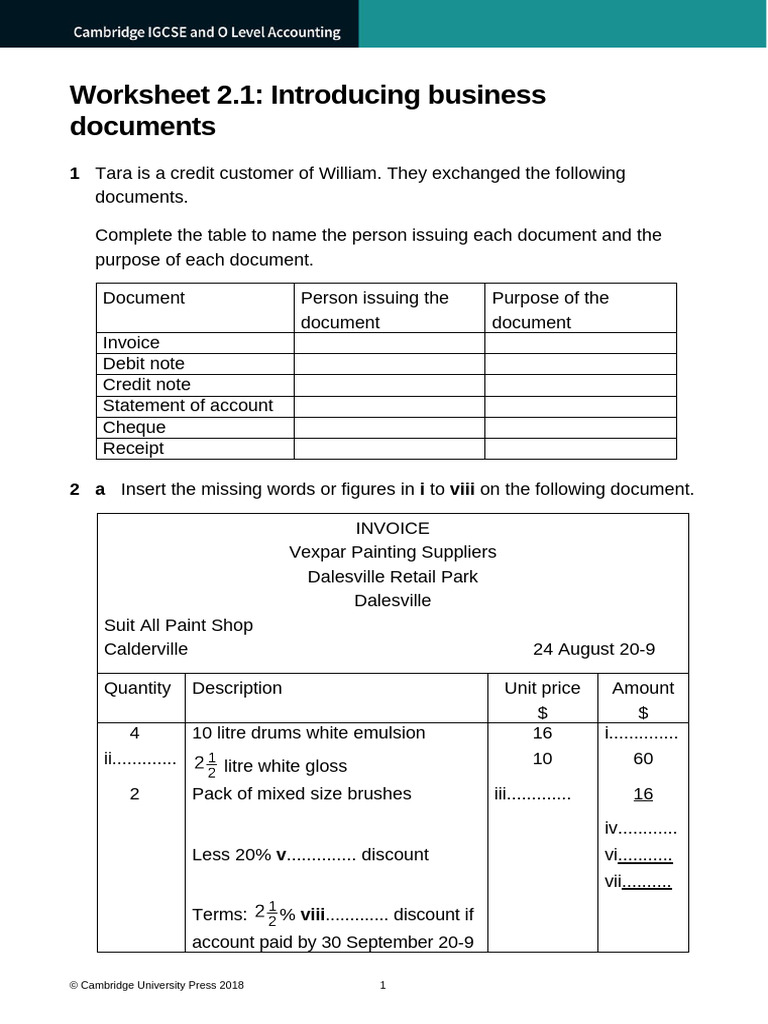 Worksheet 2.1 Introducing Business Documents | PDF | Debits And Credits ...