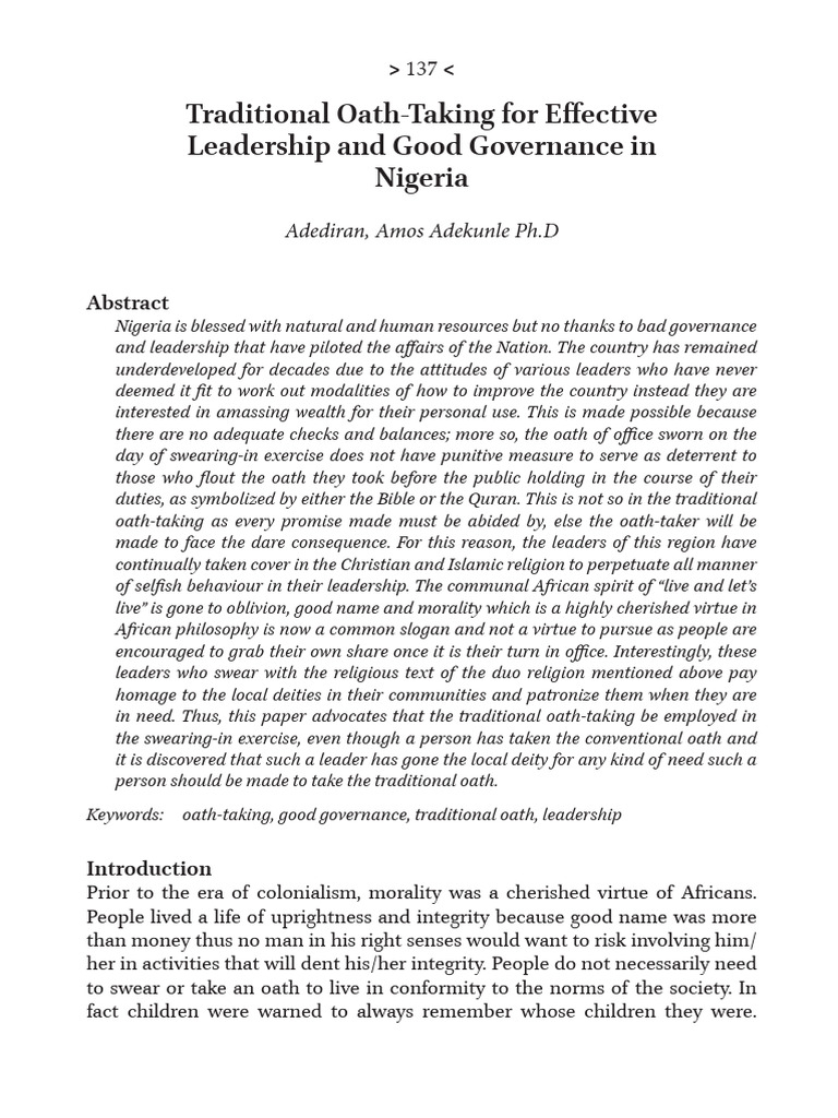 Traditional Oath-Taking For Effective Leadership and Good Governance in ...
