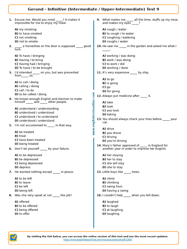 1356 Gerund Infinitive Intermediate Upper Intermediate Test 9 | PDF