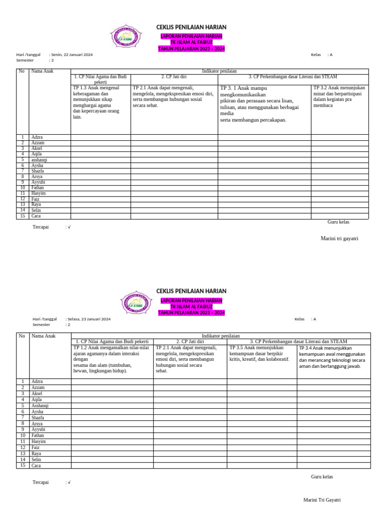 CEKLIS PENILAIAN HARIAN Januari 2024 | PDF