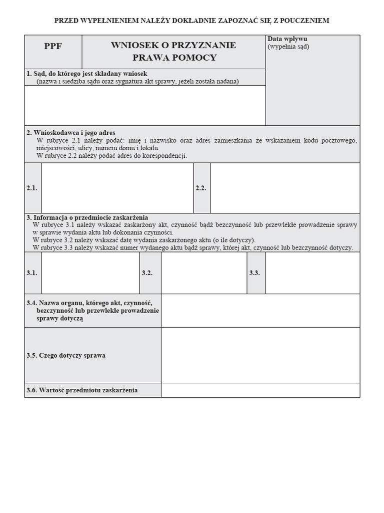 PPF Wniosek o Przyznanie Prawa Pomocy Osobie Fizycznej | PDF