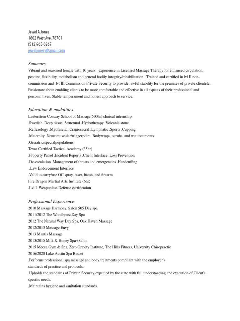 Jewel Jones Res 2020 | PDF | Massage | Career & Growth