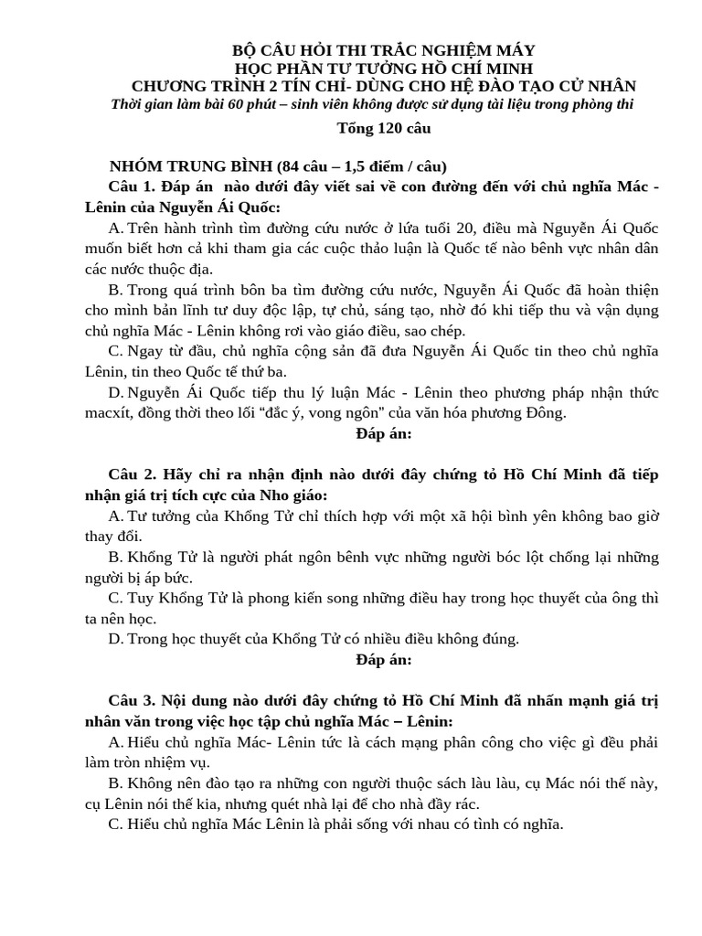 120 Câu TN TTHCM-SV ON TAP | PDF