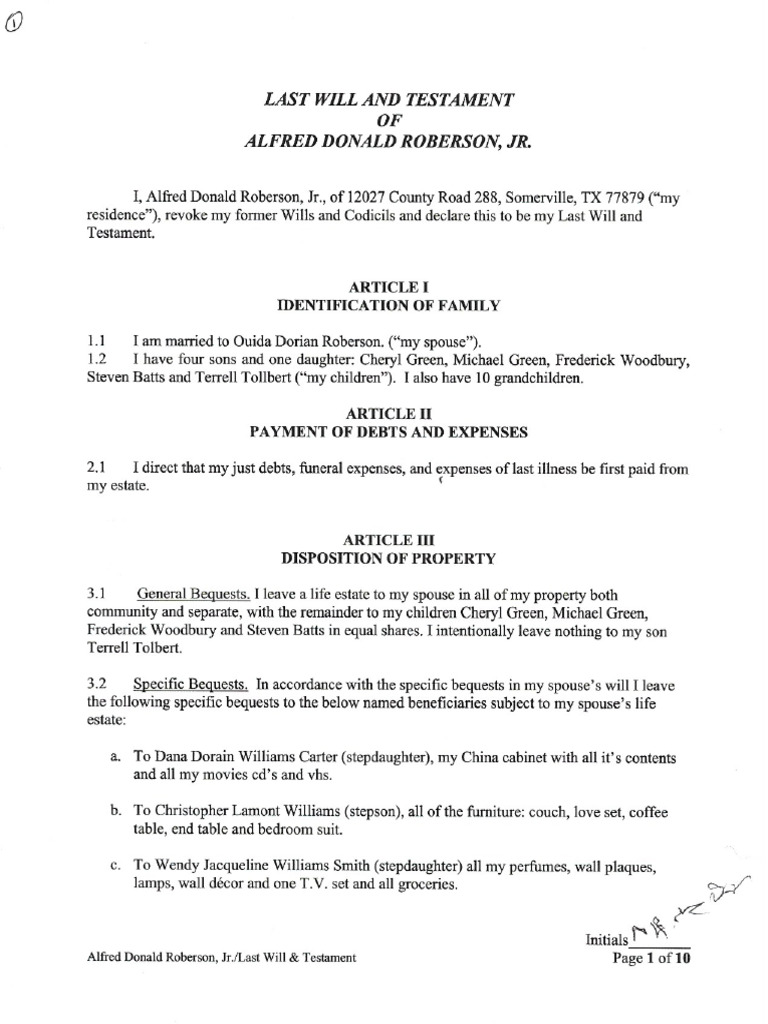 Will and Testment of Alfred D Roberson JR | PDF