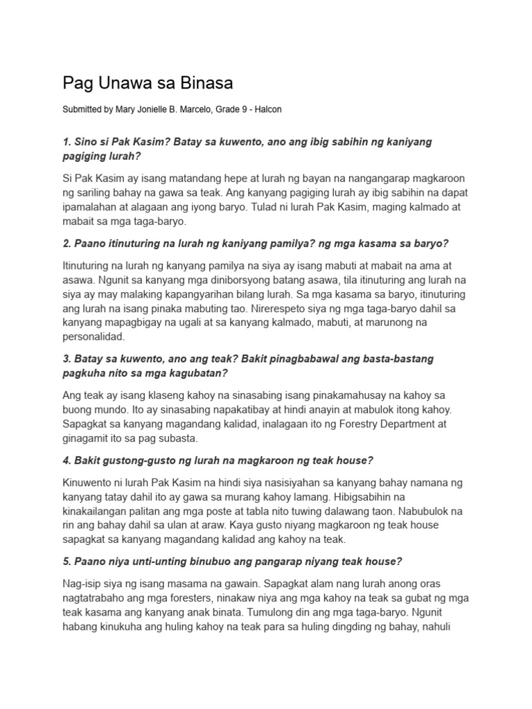 Ang Bahay Na Yari Sa Teak - Mga Tanong | PDF