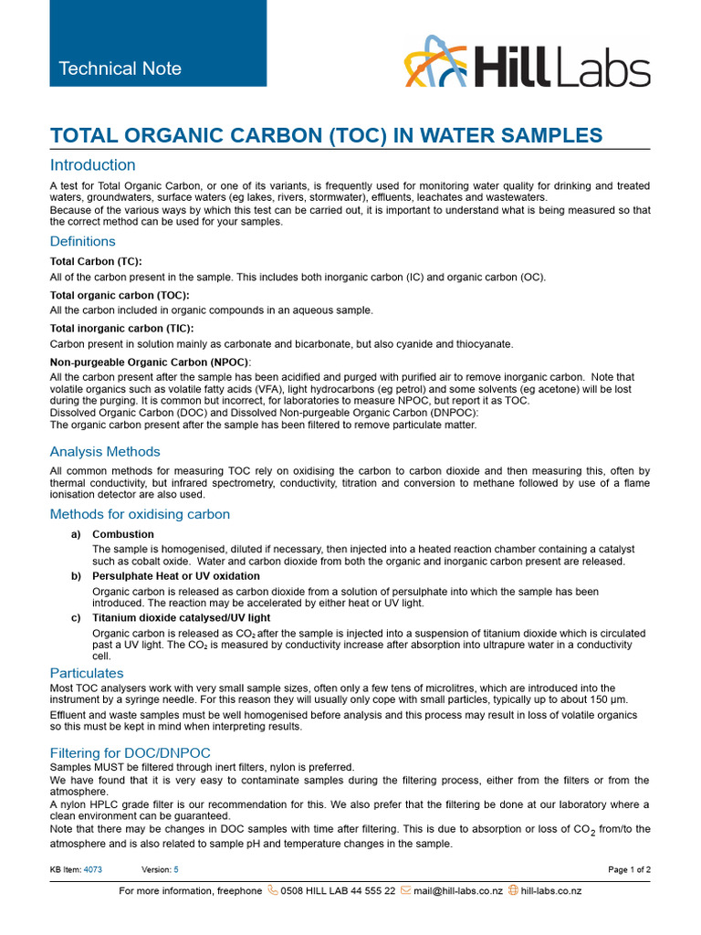 Technical Note Total Organic Carbon Toc Water | PDF