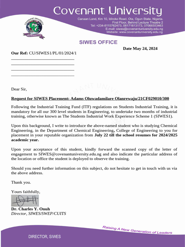 2024 Chemical Engineering Letter of Introduction, SIWES 1 | PDF ...