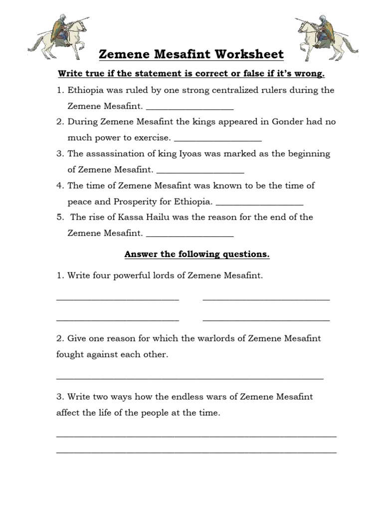 Zemene Mesafint and Solomonic Dynasty Worksheet | PDF