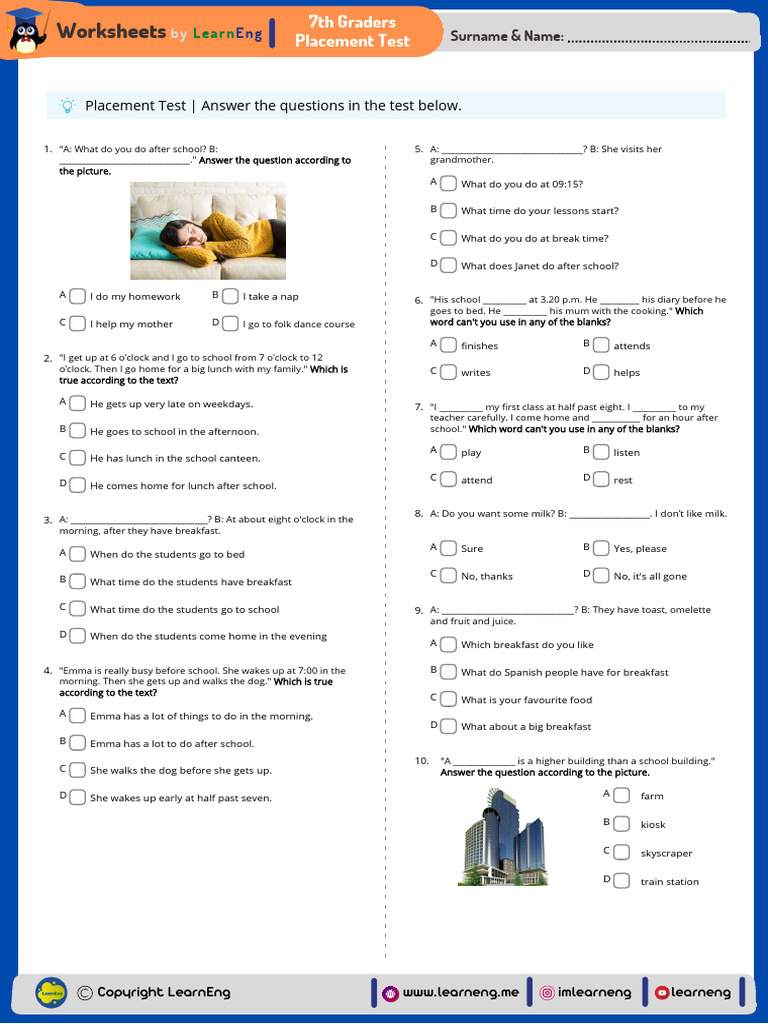 7th Graders Placement Test | PDF