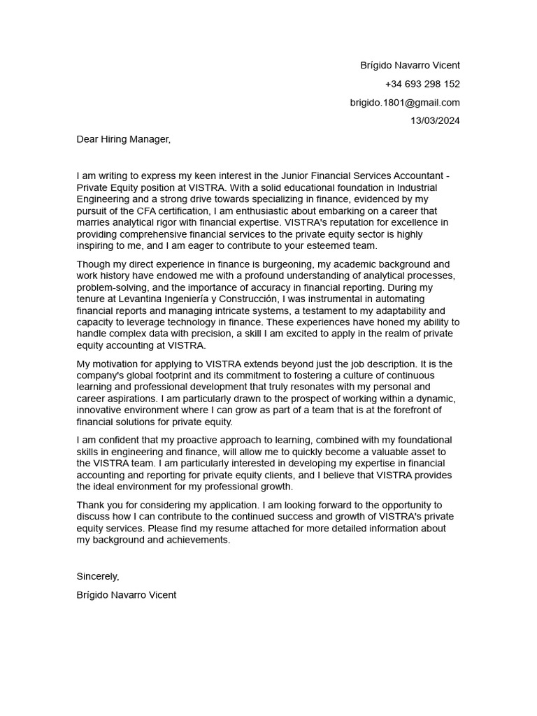 Civer Letter Vistra | PDF