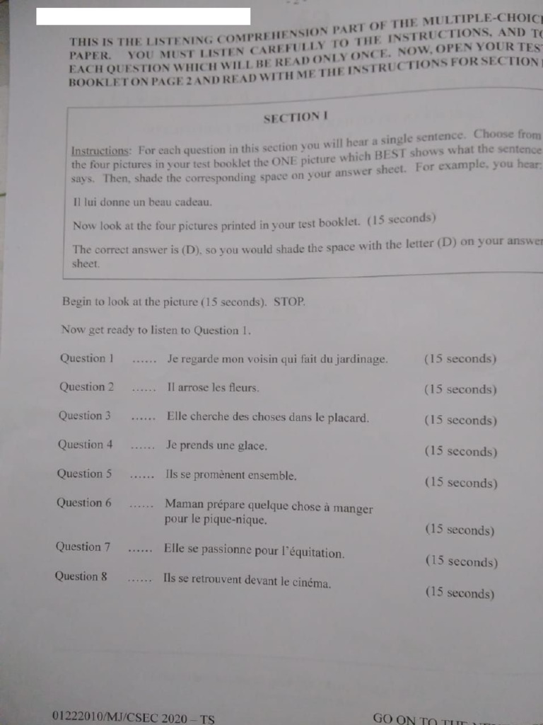 CSEC French June 2020 P1 (Teacher's Script) | PDF