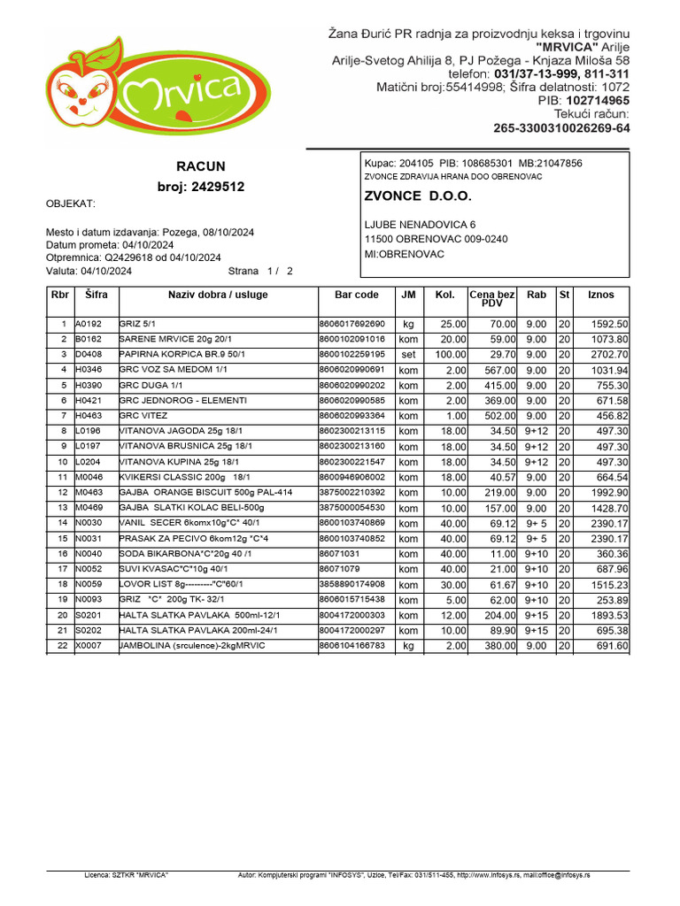 Racun Broj: 2429512 Zvonce D.O.O.: RBR Šifra Naziv Dobra / Usluge Bar ...