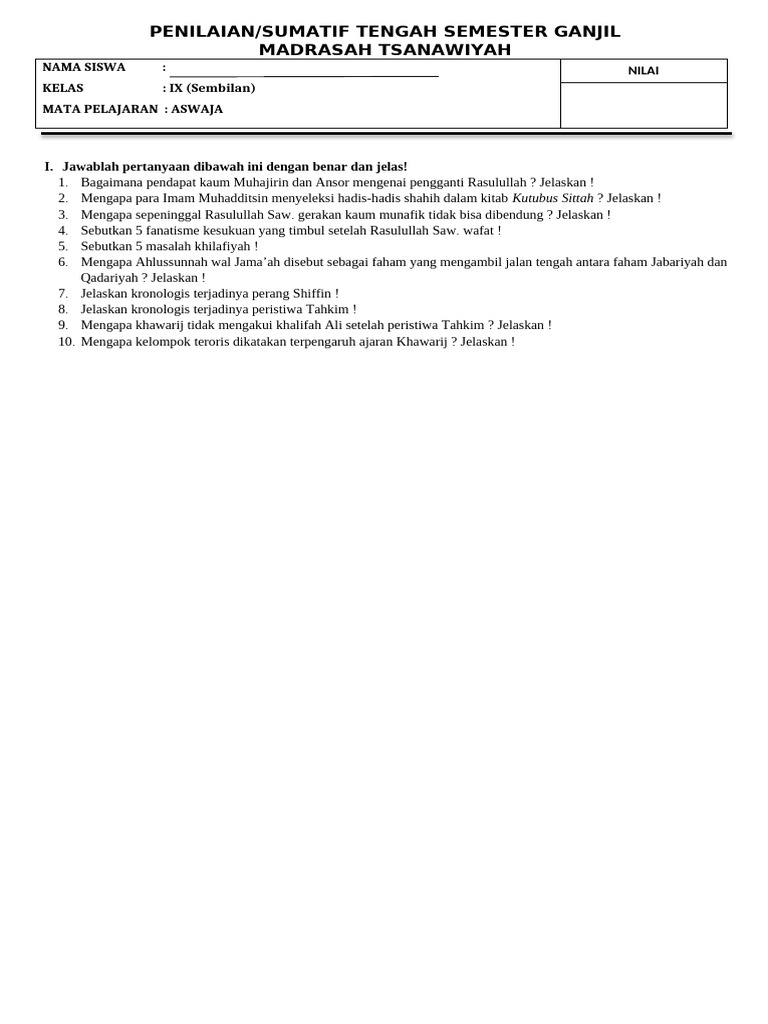 Soal UTs Aswaja (IX) | PDF