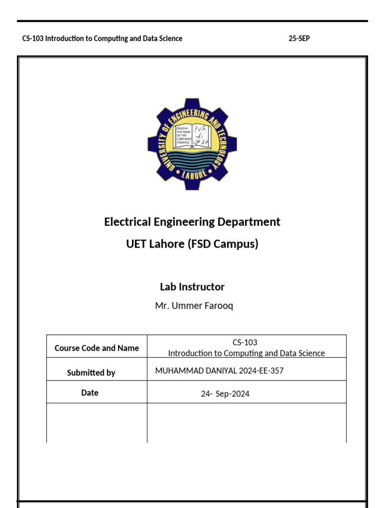 UET Lahore (FSD Campus) Electrical Engineering Department: Lab Instructor | PDF