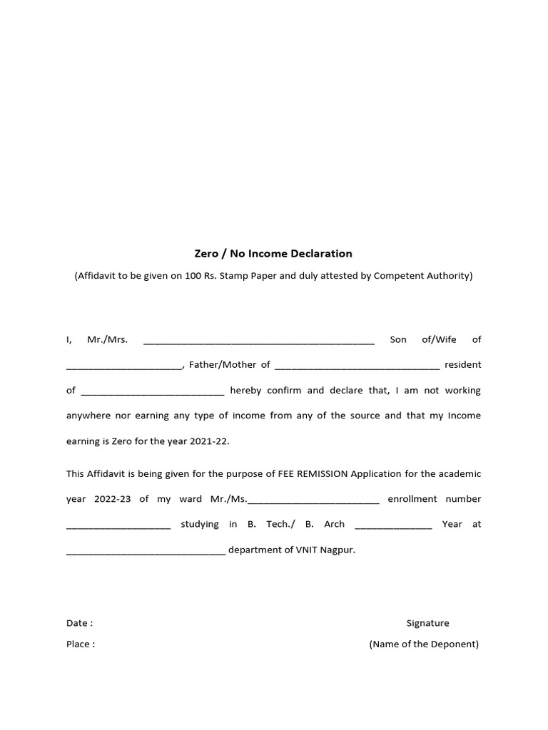Zero No Income Affidavit Format 1 | PDF