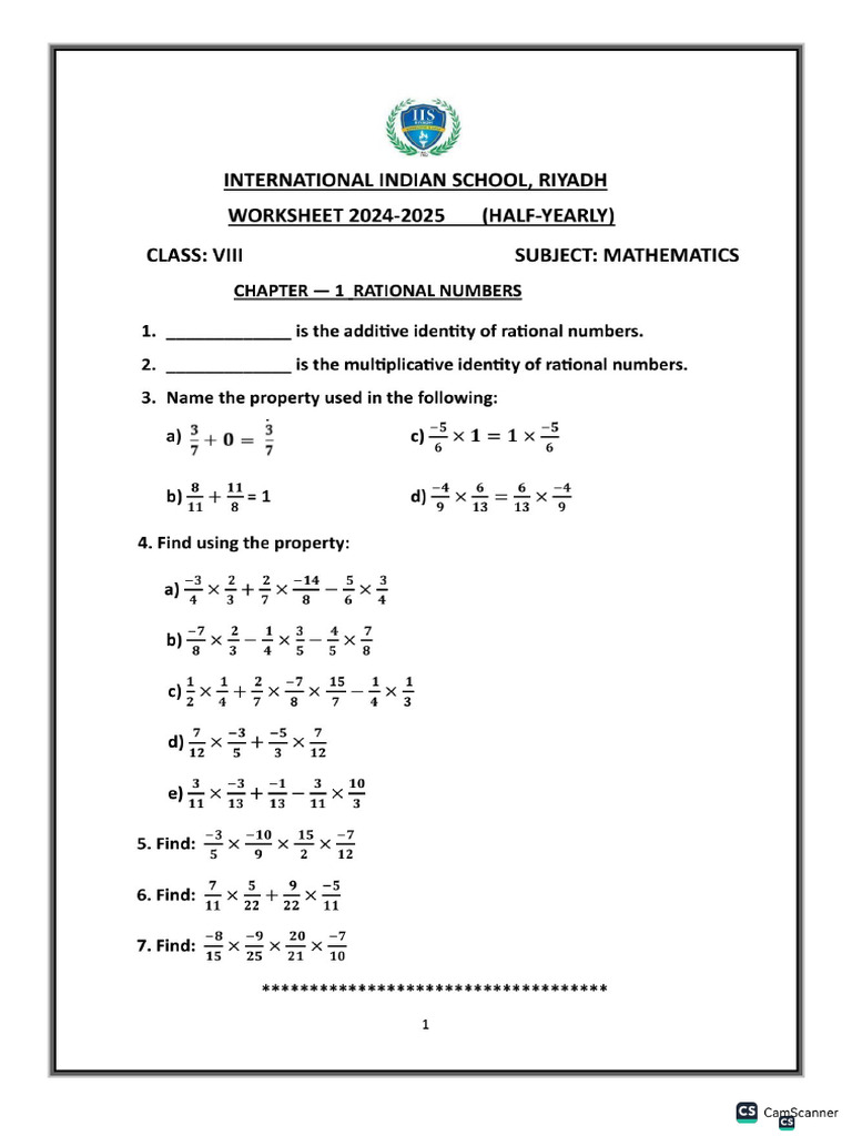 STD 8TH Mathematics Worksheet 2024-2025 | PDF